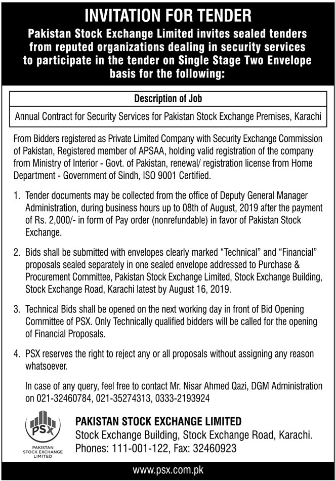 Pakistan Stock Exchange Limited - | PSX | Exchange | General | Tenders