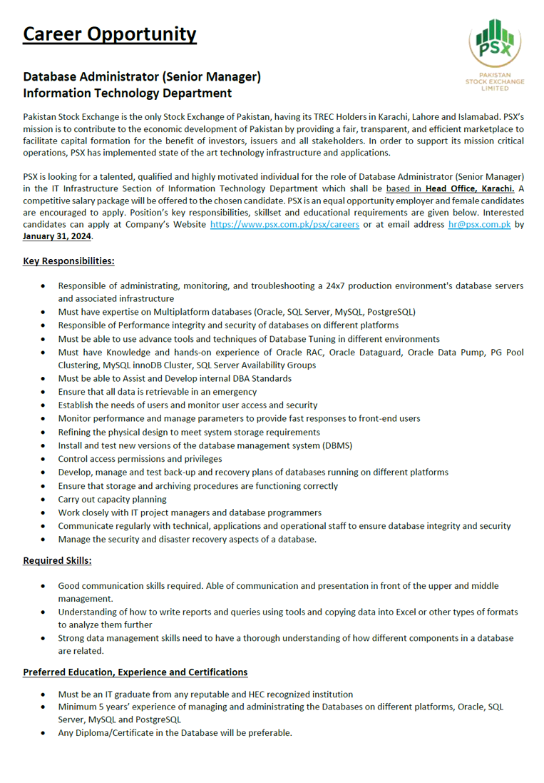 Pakistan Stock Exchange Limited - | PSX | Careers